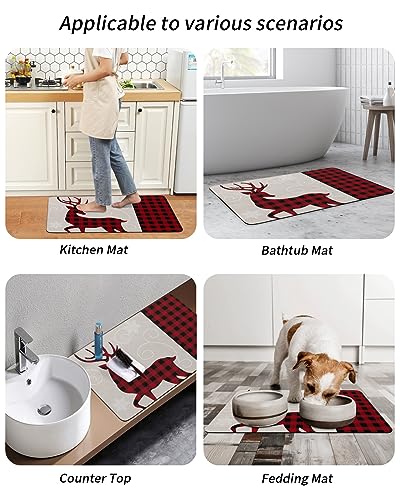 Christmas Reindeer Bath Mat for Tub,Non Slip Bathroom Floor Runner Rug Quick Dry & Absorbent Diatomaceous Earth Kitchen Shower Sink Washable Doormat,Red Black Buffalo Plaid Checkered Snowflake 16"x24"