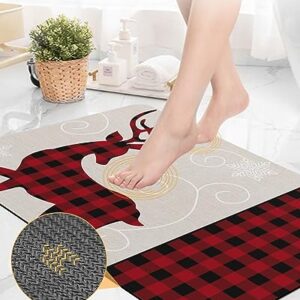 Christmas Reindeer Bath Mat for Tub,Non Slip Bathroom Floor Runner Rug Quick Dry & Absorbent Diatomaceous Earth Kitchen Shower Sink Washable Doormat,Red Black Buffalo Plaid Checkered Snowflake 16"x24"