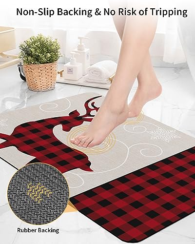 Christmas Reindeer Bath Mat for Tub,Non Slip Bathroom Floor Runner Rug Quick Dry & Absorbent Diatomaceous Earth Kitchen Shower Sink Washable Doormat,Red Black Buffalo Plaid Checkered Snowflake 16"x24"