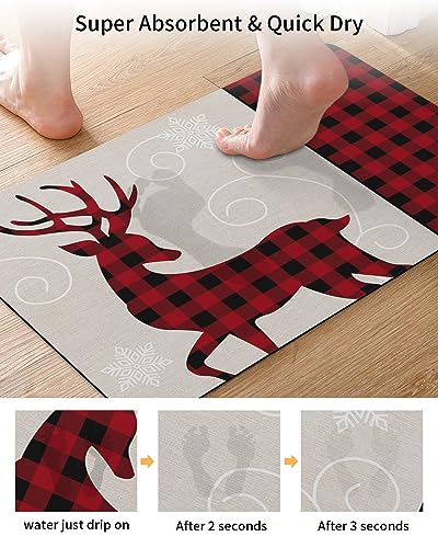 Christmas Reindeer Bath Mat for Tub,Non Slip Bathroom Floor Runner Rug Quick Dry & Absorbent Diatomaceous Earth Kitchen Shower Sink Washable Doormat,Red Black Buffalo Plaid Checkered Snowflake 16"x24"