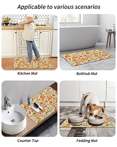 Fall Pumpkin Bath Mat for Tub,Non Slip Bathroom Floor Runner Rug Quick Dry & Absorbent Diatomaceous Earth Kitchen Room Shower Sink Washable Doormat,Thanksgiving Orange Harvest Wheat Farmhouse 20"x32"