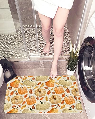 Fall Pumpkin Bath Mat for Tub,Non Slip Bathroom Floor Runner Rug Quick Dry & Absorbent Diatomaceous Earth Kitchen Room Shower Sink Washable Doormat,Thanksgiving Orange Harvest Wheat Farmhouse 20"x32"