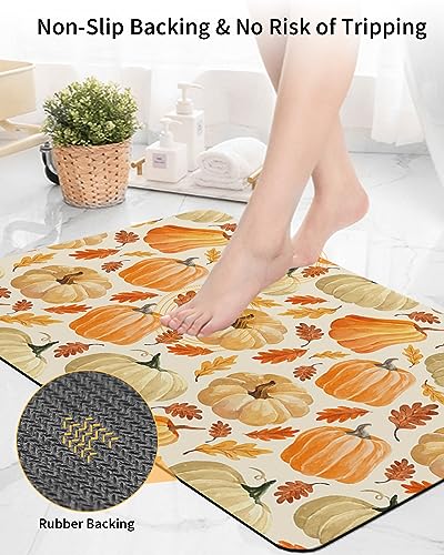 Fall Pumpkin Bath Mat for Tub,Non Slip Bathroom Floor Runner Rug Quick Dry & Absorbent Diatomaceous Earth Kitchen Room Shower Sink Washable Doormat,Thanksgiving Orange Harvest Wheat Farmhouse 20"x32"