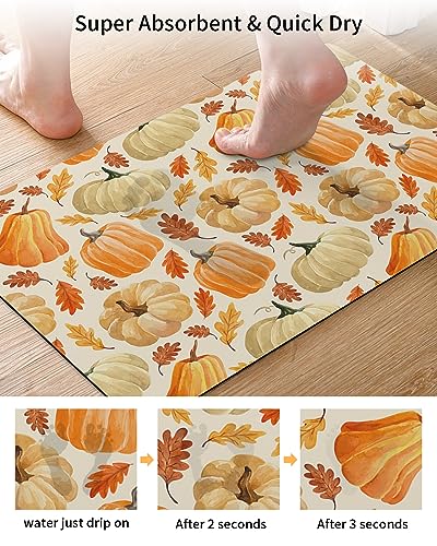 Fall Pumpkin Bath Mat for Tub,Non Slip Bathroom Floor Runner Rug Quick Dry & Absorbent Diatomaceous Earth Kitchen Room Shower Sink Washable Doormat,Thanksgiving Orange Harvest Wheat Farmhouse 20"x32"