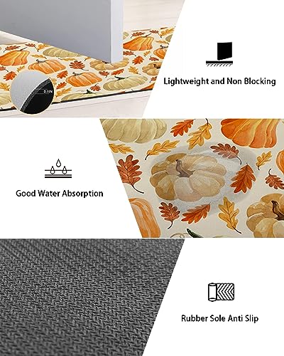 Fall Pumpkin Bath Mat for Tub,Non Slip Bathroom Floor Runner Rug Quick Dry & Absorbent Diatomaceous Earth Kitchen Room Shower Sink Washable Doormat,Thanksgiving Orange Harvest Wheat Farmhouse 20"x32"