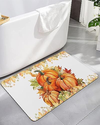 Autumn Pumpkins Bath Mat for Tub,Non Slip Bathroom Floor Runner Rug Quick Dry & Absorbent Diatomaceous Earth Kitchen Room Shower Sink Washable Doormat,Thanksgiving Eucalyptus Maple Leaves 18"x30"