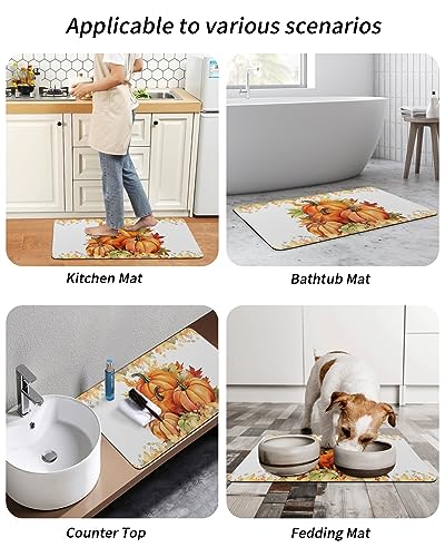 Autumn Pumpkins Bath Mat for Tub,Non Slip Bathroom Floor Runner Rug Quick Dry & Absorbent Diatomaceous Earth Kitchen Room Shower Sink Washable Doormat,Thanksgiving Eucalyptus Maple Leaves 18"x30"