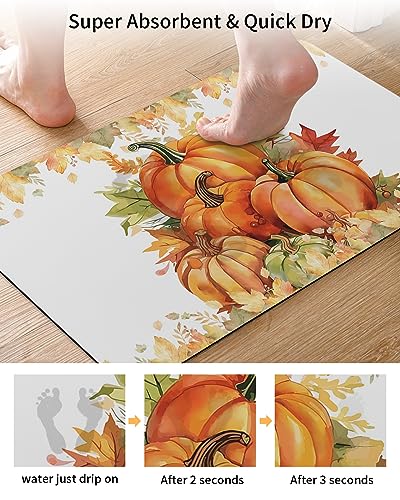 Autumn Pumpkins Bath Mat for Tub,Non Slip Bathroom Floor Runner Rug Quick Dry & Absorbent Diatomaceous Earth Kitchen Room Shower Sink Washable Doormat,Thanksgiving Eucalyptus Maple Leaves 18"x30"