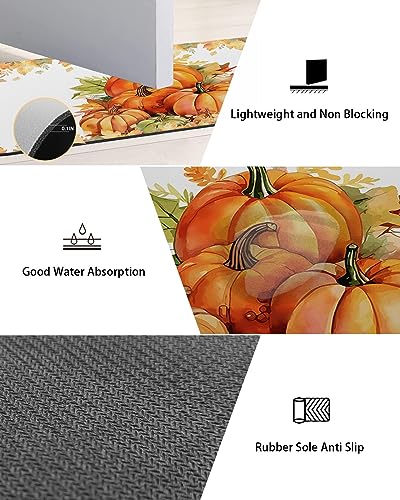 Autumn Pumpkins Bath Mat for Tub,Non Slip Bathroom Floor Runner Rug Quick Dry & Absorbent Diatomaceous Earth Kitchen Room Shower Sink Washable Doormat,Thanksgiving Eucalyptus Maple Leaves 18"x30"