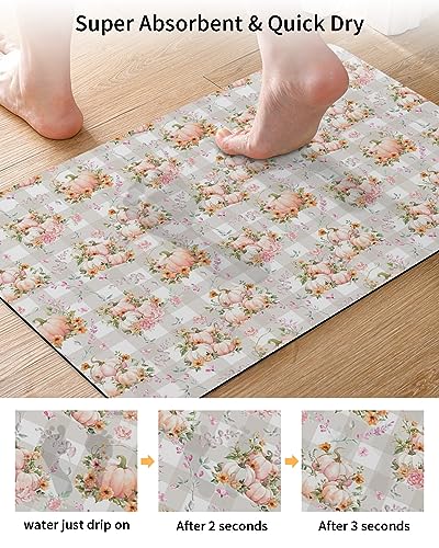 Pumpkin Sunflower Bath Mat for Tub,Non Slip Bathroom Floor Runner Rug Quick Dry & Absorbent Diatomaceous Earth Kitchen Shower Sink Washable Doormat,Thanksgiving Fall Eucalyptus Leaves Lattice 16"x24"