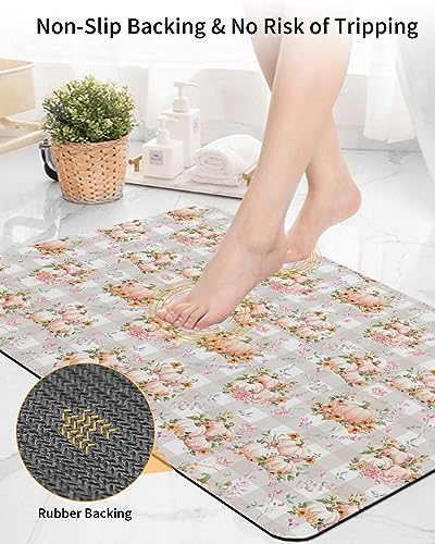 Pumpkin Sunflower Bath Mat for Tub,Non Slip Bathroom Floor Runner Rug Quick Dry & Absorbent Diatomaceous Earth Kitchen Shower Sink Washable Doormat,Thanksgiving Fall Eucalyptus Leaves Lattice 16"x24"