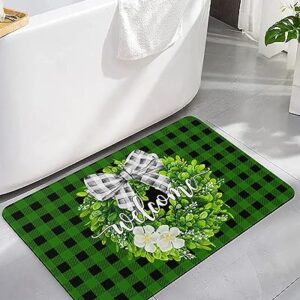 Green Plaid Bath Mat for Tub,Non Slip Bathroom Floor Runner Rug Quick Dry & Absorbent Diatomaceous Earth Kitchen Room Shower Sink Washable Doormat,Country Leaves Flower Plaid Grey Garland 16"x24"