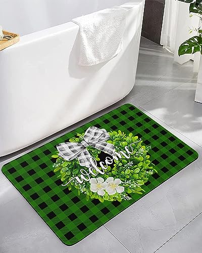 Green Plaid Bath Mat for Tub,Non Slip Bathroom Floor Runner Rug Quick Dry & Absorbent Diatomaceous Earth Kitchen Room Shower Sink Washable Doormat,Country Leaves Flower Plaid Grey Garland 16"x24"