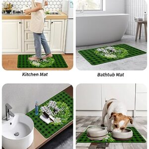 Green Plaid Bath Mat for Tub,Non Slip Bathroom Floor Runner Rug Quick Dry & Absorbent Diatomaceous Earth Kitchen Room Shower Sink Washable Doormat,Country Leaves Flower Plaid Grey Garland 16"x24"