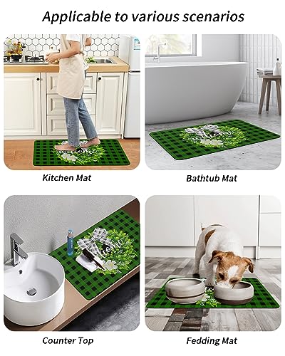 Green Plaid Bath Mat for Tub,Non Slip Bathroom Floor Runner Rug Quick Dry & Absorbent Diatomaceous Earth Kitchen Room Shower Sink Washable Doormat,Country Leaves Flower Plaid Grey Garland 16"x24"