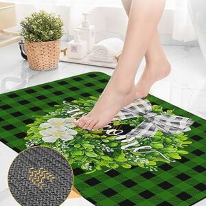 Green Plaid Bath Mat for Tub,Non Slip Bathroom Floor Runner Rug Quick Dry & Absorbent Diatomaceous Earth Kitchen Room Shower Sink Washable Doormat,Country Leaves Flower Plaid Grey Garland 16"x24"