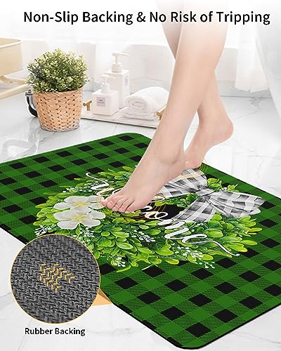 Green Plaid Bath Mat for Tub,Non Slip Bathroom Floor Runner Rug Quick Dry & Absorbent Diatomaceous Earth Kitchen Room Shower Sink Washable Doormat,Country Leaves Flower Plaid Grey Garland 16"x24"