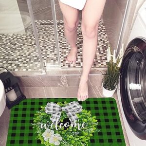 Green Plaid Bath Mat for Tub,Non Slip Bathroom Floor Runner Rug Quick Dry & Absorbent Diatomaceous Earth Kitchen Room Shower Sink Washable Doormat,Country Leaves Flower Plaid Grey Garland 16"x24"