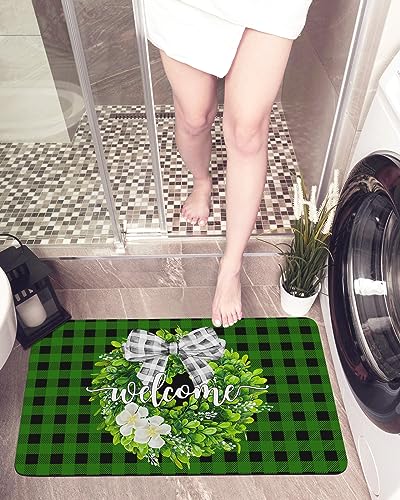 Green Plaid Bath Mat for Tub,Non Slip Bathroom Floor Runner Rug Quick Dry & Absorbent Diatomaceous Earth Kitchen Room Shower Sink Washable Doormat,Country Leaves Flower Plaid Grey Garland 16"x24"