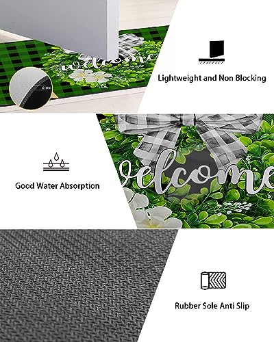 Green Plaid Bath Mat for Tub,Non Slip Bathroom Floor Runner Rug Quick Dry & Absorbent Diatomaceous Earth Kitchen Room Shower Sink Washable Doormat,Country Leaves Flower Plaid Grey Garland 16"x24"