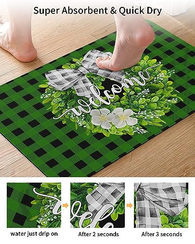 Green Plaid Bath Mat for Tub,Non Slip Bathroom Floor Runner Rug Quick Dry & Absorbent Diatomaceous Earth Kitchen Room Shower Sink Washable Doormat,Country Leaves Flower Plaid Grey Garland 16"x24"