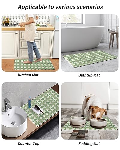 Ombre Green Plaid Bath Mat for Tub,Non Slip Bathroom Floor Runner Rug Quick Dry & Absorbent Diatomaceous Earth Kitchen Room Shower Sink Washable Doormat,Minimalistic Geometric Farmhouse Grid 18"x30"