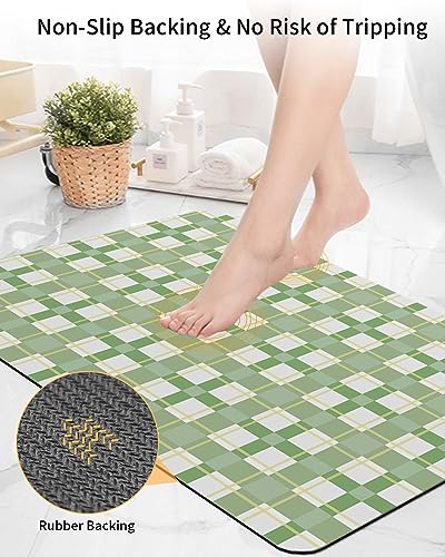 Ombre Green Plaid Bath Mat for Tub,Non Slip Bathroom Floor Runner Rug Quick Dry & Absorbent Diatomaceous Earth Kitchen Room Shower Sink Washable Doormat,Minimalistic Geometric Farmhouse Grid 18"x30"