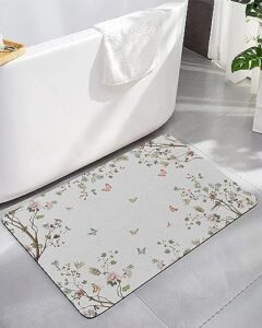 flower tree bath mat for tub,non slip bathroom floor runner rug quick dry & absorbent diatomaceous earth kitchen room shower sink washable doormat,vintage plant leaves elegant butter-fly 18"x30"