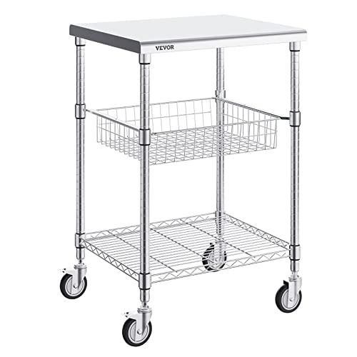 VEVOR Kitchen Utility Cart, 20"x24"x36.6" 3 Tiers Wire Rolling Cart, 470LBS Capacity Steel Service Cart with Brake Wheels, Storage Trolley with 76mm Basket PP Liner 6 Hooks, for Indoor & Outdoor Use