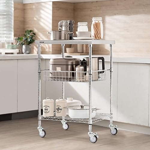 VEVOR Kitchen Utility Cart, 20"x24"x36.6" 3 Tiers Wire Rolling Cart, 470LBS Capacity Steel Service Cart with Brake Wheels, Storage Trolley with 76mm Basket PP Liner 6 Hooks, for Indoor & Outdoor Use