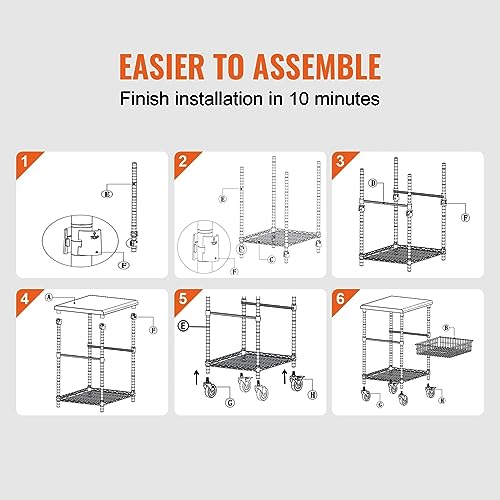 VEVOR Kitchen Utility Cart, 20"x24"x36.6" 3 Tiers Wire Rolling Cart, 470LBS Capacity Steel Service Cart with Brake Wheels, Storage Trolley with 76mm Basket PP Liner 6 Hooks, for Indoor & Outdoor Use