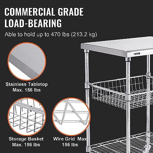 VEVOR Kitchen Utility Cart, 20"x24"x36.6" 3 Tiers Wire Rolling Cart, 470LBS Capacity Steel Service Cart with Brake Wheels, Storage Trolley with 76mm Basket PP Liner 6 Hooks, for Indoor & Outdoor Use