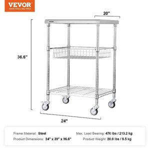 VEVOR Kitchen Utility Cart, 20"x24"x36.6" 3 Tiers Wire Rolling Cart, 470LBS Capacity Steel Service Cart with Brake Wheels, Storage Trolley with 76mm Basket PP Liner 6 Hooks, for Indoor & Outdoor Use