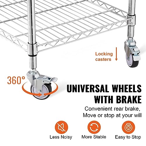 VEVOR Kitchen Utility Cart, 20"x24"x36.6" 3 Tiers Wire Rolling Cart, 470LBS Capacity Steel Service Cart with Brake Wheels, Storage Trolley with 76mm Basket PP Liner 6 Hooks, for Indoor & Outdoor Use