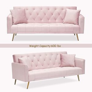 72"Modern Velvet Sofa Bed Futon,Convertible Folding Sleeper Bed Couches with 3 Adjustable Backrests,Tufted Recliner Loveseat with Golden Chrome Legs for Small Living Room Office (Light Pink+pillows)