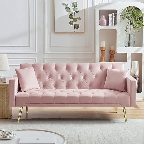 72"Modern Velvet Sofa Bed Futon,Convertible Folding Sleeper Bed Couches with 3 Adjustable Backrests,Tufted Recliner Loveseat with Golden Chrome Legs for Small Living Room Office (Light Pink+pillows)