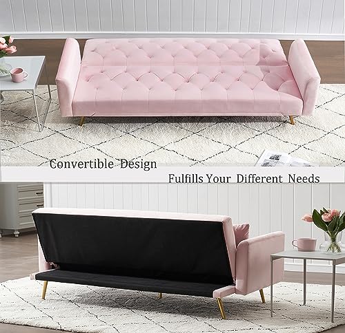 72"Modern Velvet Sofa Bed Futon,Convertible Folding Sleeper Bed Couches with 3 Adjustable Backrests,Tufted Recliner Loveseat with Golden Chrome Legs for Small Living Room Office (Light Pink+pillows)