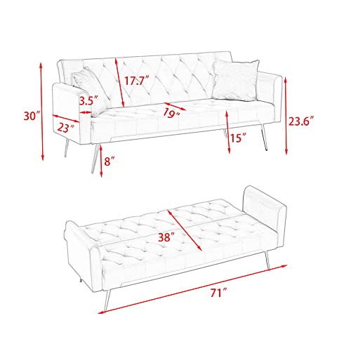 72"Modern Velvet Sofa Bed Futon,Convertible Folding Sleeper Bed Couches with 3 Adjustable Backrests,Tufted Recliner Loveseat with Golden Chrome Legs for Small Living Room Office (Light Pink+pillows)