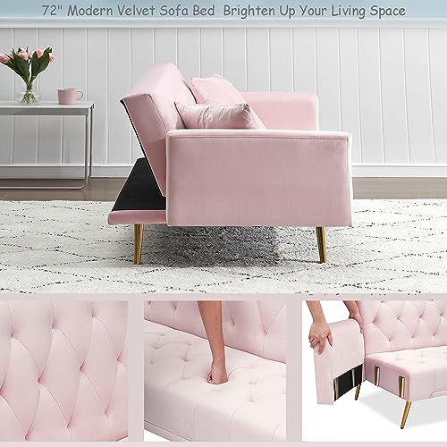 72"Modern Velvet Sofa Bed Futon,Convertible Folding Sleeper Bed Couches with 3 Adjustable Backrests,Tufted Recliner Loveseat with Golden Chrome Legs for Small Living Room Office (Light Pink+pillows)