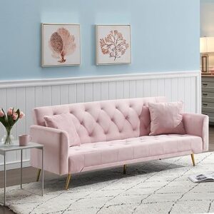 72"Modern Velvet Sofa Bed Futon,Convertible Folding Sleeper Bed Couches with 3 Adjustable Backrests,Tufted Recliner Loveseat with Golden Chrome Legs for Small Living Room Office (Light Pink+pillows)