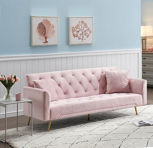 72"Modern Velvet Sofa Bed Futon,Convertible Folding Sleeper Bed Couches with 3 Adjustable Backrests,Tufted Recliner Loveseat with Golden Chrome Legs for Small Living Room Office (Light Pink+pillows)