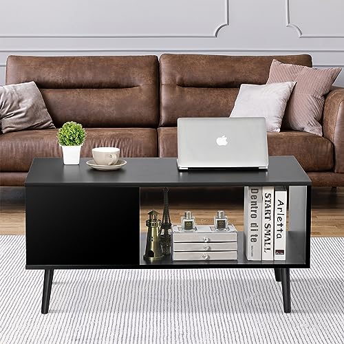 SUPER DEAL 2 Tier Modern Coffee Table with Storage for Living Room, 40 Inch Rectangle Wooden Accent Center Sofa Side Table for Indoor Bedroom Apartment Small Spaces, Black