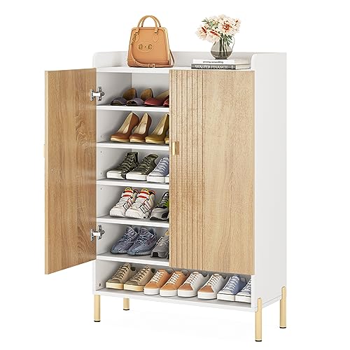 LITTLE TREE Storage Organizer Cabinet Wood Shoe Rack with Doors Adjustable Shelves, Wood & White