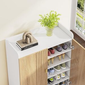 LITTLE TREE Storage Organizer Cabinet Wood Shoe Rack with Doors Adjustable Shelves, Wood & White