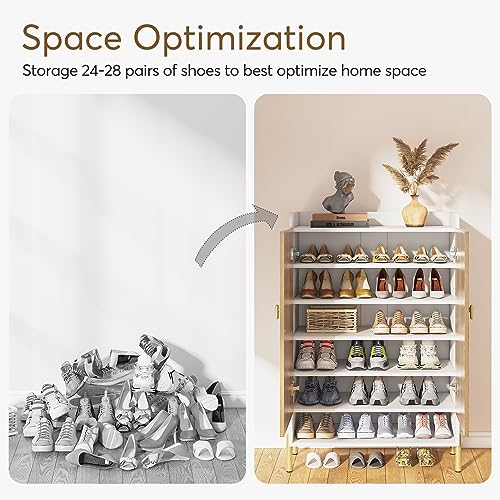 LITTLE TREE Storage Organizer Cabinet Wood Shoe Rack with Doors Adjustable Shelves, Wood & White