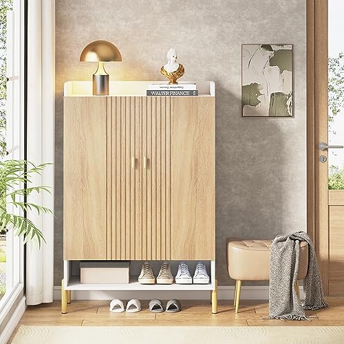 LITTLE TREE Storage Organizer Cabinet Wood Shoe Rack with Doors Adjustable Shelves, Wood & White