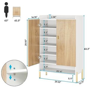 LITTLE TREE Storage Organizer Cabinet Wood Shoe Rack with Doors Adjustable Shelves, Wood & White