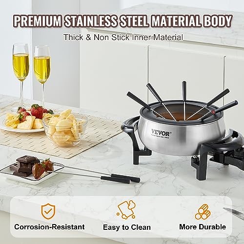 VEVOR Electric Fondue Pot Set, 3 Qt Melter for Cheese & Chocolate with 8 Forks, Candy Warmer with Temp Control, 1000W Non-Stick Stainless Steel Melting for Dessert, Broth, Wax Candle, Party Gift