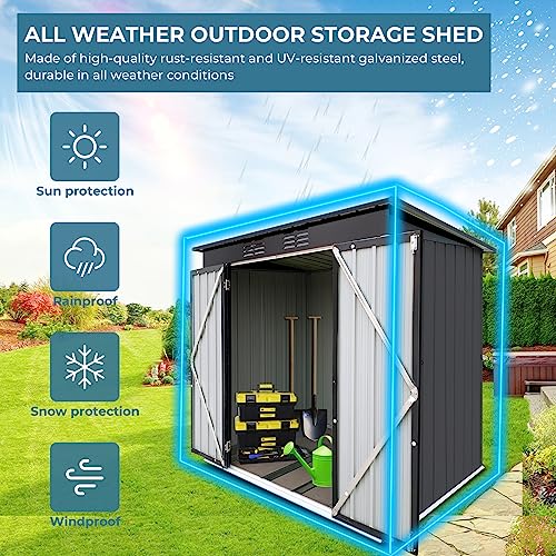 Zevemomo 6 x 4 FT Outdoor Shed, All Weather Tool Shed with Metal Foundation & 2 Lockable Doors, Metal Shed Outdoor Storage for Garden, Patio, Backyard, Lawn, Black