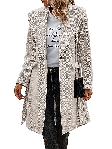 ECOWISH Women Coat Long Jacket: Winter Fashion Long Sleeve Lapel Casual Overcoat With Belt Beige Large